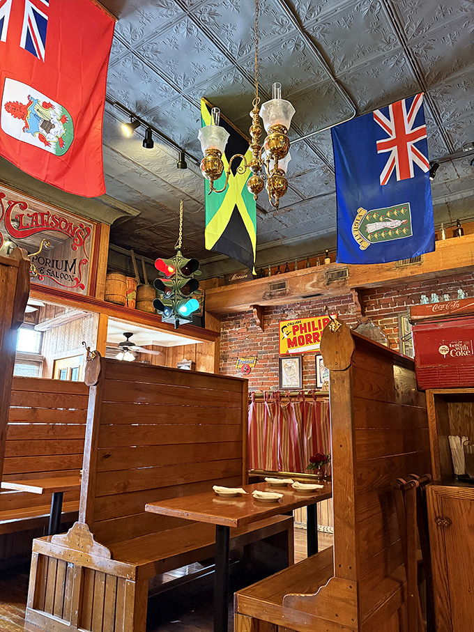 International flags hang like silent testimonials to the universal language of good food that transcends borders and brings people together.