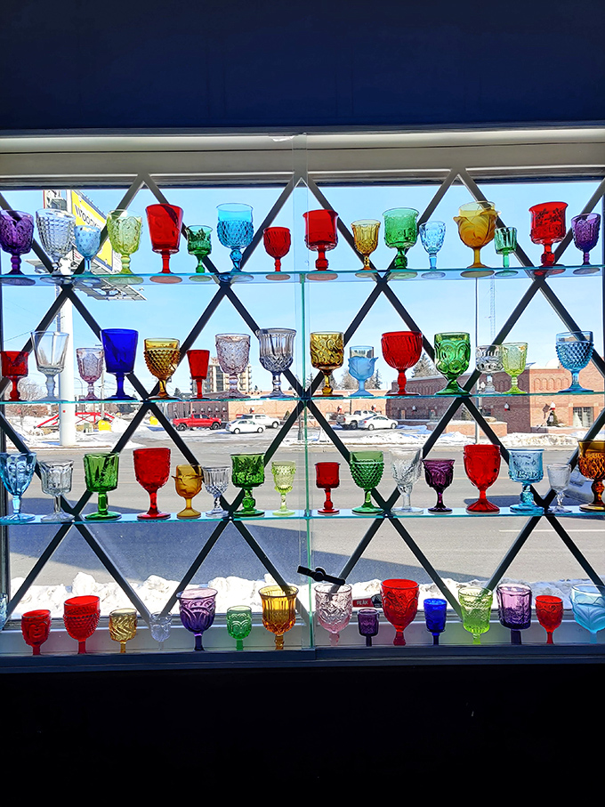 A window display of colorful goblets that catches light like stained glass. Proof that diners can have unexpected moments of whimsy and beauty.