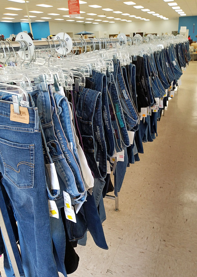 The denim rainbow stretches as far as the eye can see. From mom jeans to skinny fits, this jean selection rivals any department store's—minus the sticker shock.