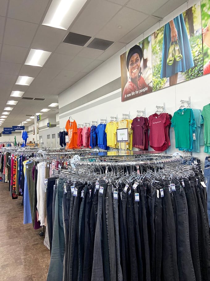 The jeans section: a denim democracy where designer labels and everyday brands hang side by side at equally tempting prices.