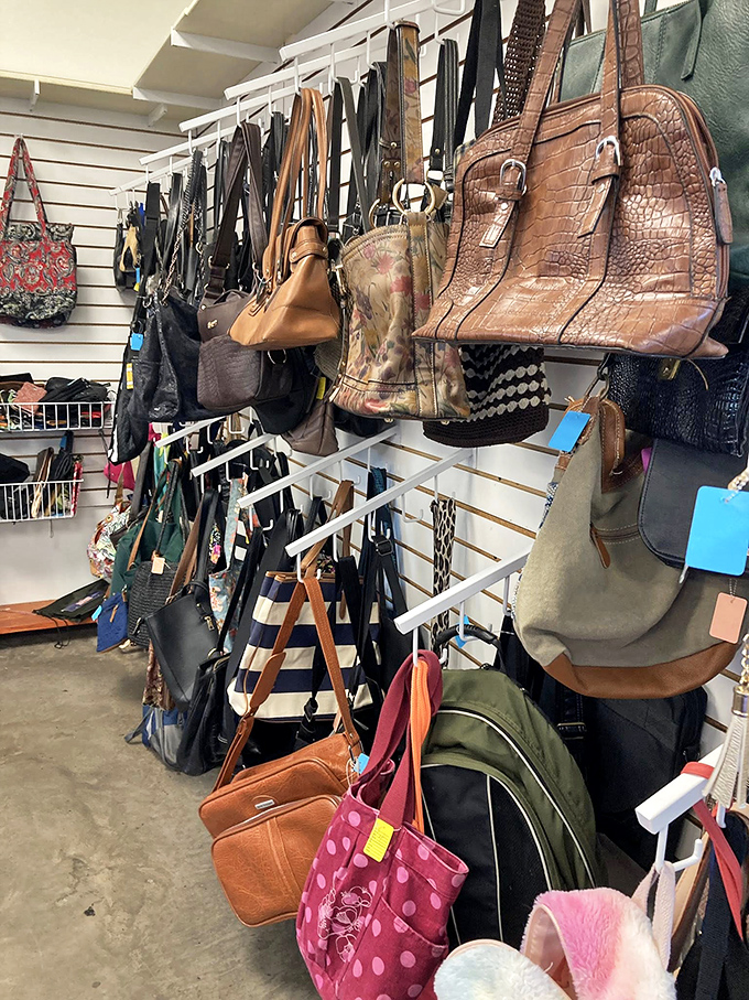 Handbag heaven! Leather purses in every shade of brown dangle like fashionable fruit, ripe for the picking.