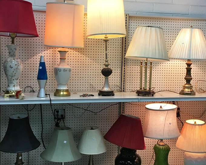 Lamp shades in every shape and size create an illuminating display. Finding the perfect match for that quirky base you bought last month just became possible.