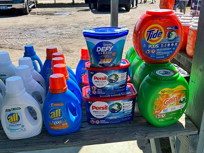 Laundry detergent displayed with the care of fine wine&mdash;because at flea market prices, clean clothes become the affordable luxury everyone deserves.