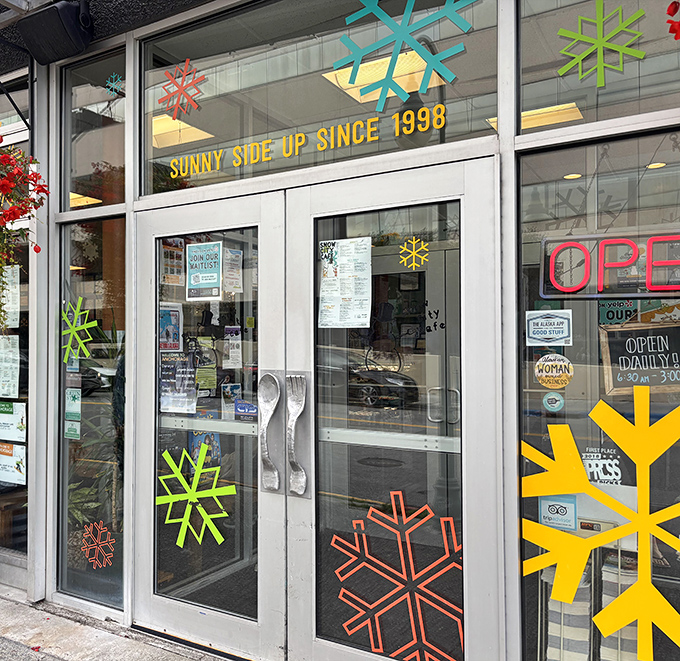 "Sunny Side Up Since 1998" proclaims the window&mdash;a perfect slogan for a place that's been brightening Anchorage mornings through dark winters for decades.