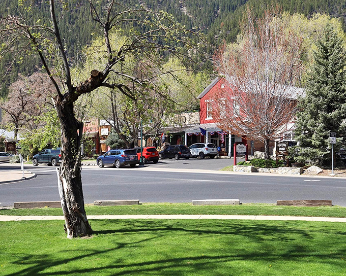 Spring awakens in Genoa with tender green grass and budding trees framing the town's distinctive red buildings and mountain views.