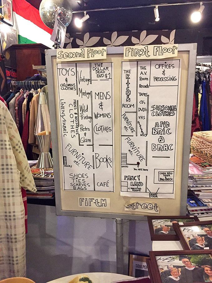 The hand-drawn store map reveals the organized chaos within, a treasure hunter's blueprint to thrifting nirvana.