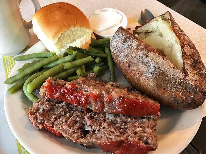 Meatloaf that would make your grandmother both jealous and proud, topped with tangy sauce and served with green beans that actually taste like vegetables.