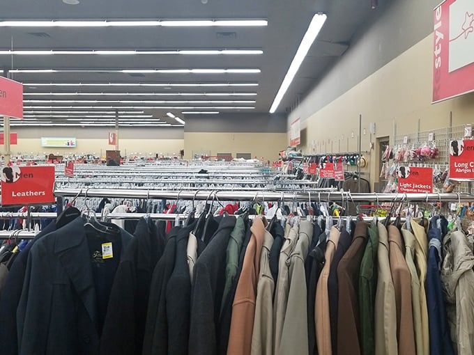 The men's outerwear section &ndash; a rainbow of possibilities where yesterday's fashion finds tomorrow's style maven. Vintage hunting at its finest!