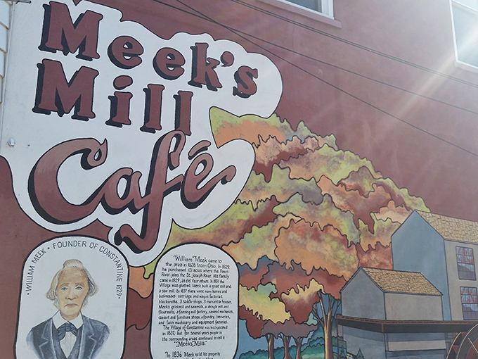 The detailed mural pays homage to Constantine's history, adding character to this beloved local eatery. Small towns remember their roots.