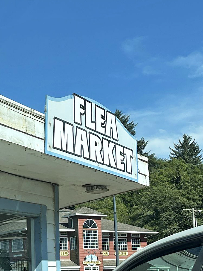 The classic flea market sign promises adventures in secondhand shopping that'll fill your car completely.