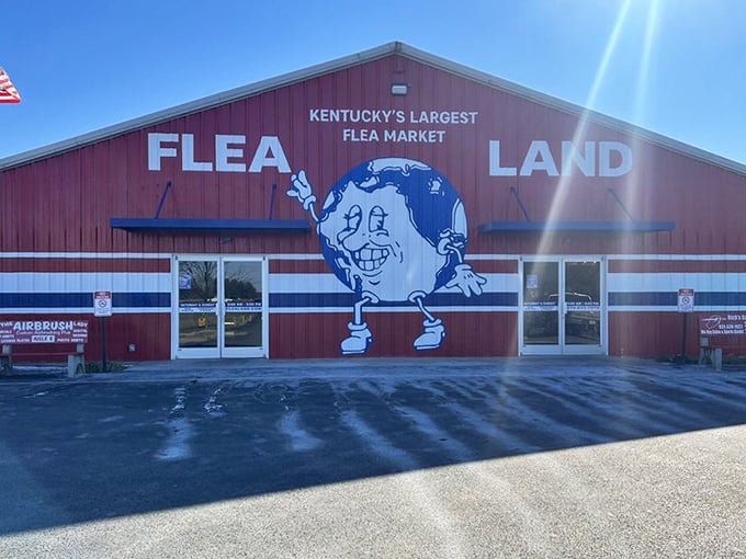 Morning sunlight catches the iconic Flea Land facade, promising another day of discovery inside this treasure-hunting institution that's become a Kentucky landmark.