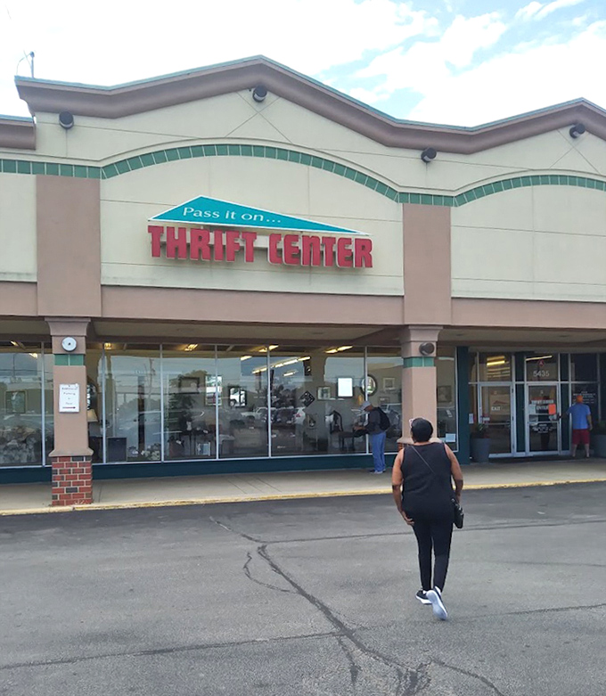 The moment of anticipation! Walking toward Pass It On's entrance feels like approaching a slot machine that pays out in vintage treasures rather than coins.