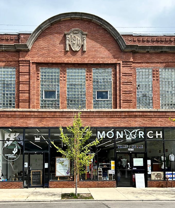 History meets bargain hunting! The 1911 architectural details above Monarch's storefront remind us that recycling buildings can be as rewarding as recycling clothes.