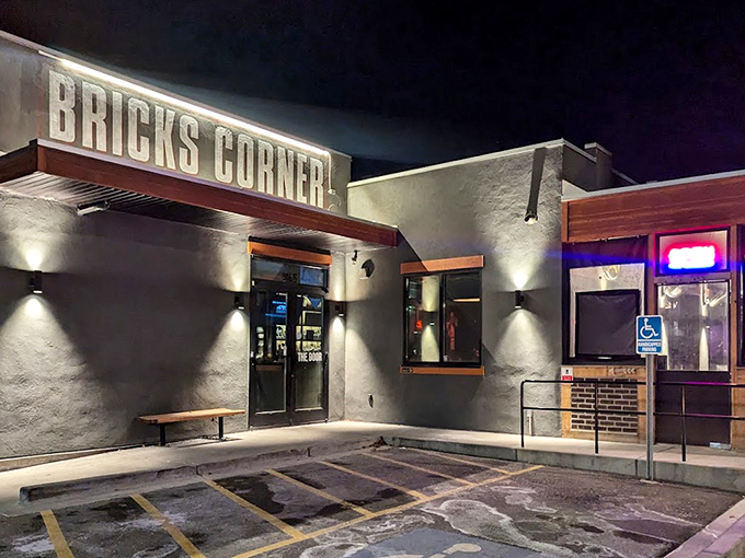 As night falls, Bricks Corner transforms into a beacon for the pizza-deprived. Those wall sconces aren't just lights&mdash;they're hope for the hungry.