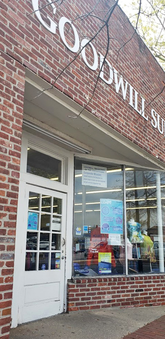 The iconic Goodwill sign against red brick has become synonymous with sustainable shopping and the thrill of the hunt for Maryland bargain seekers.