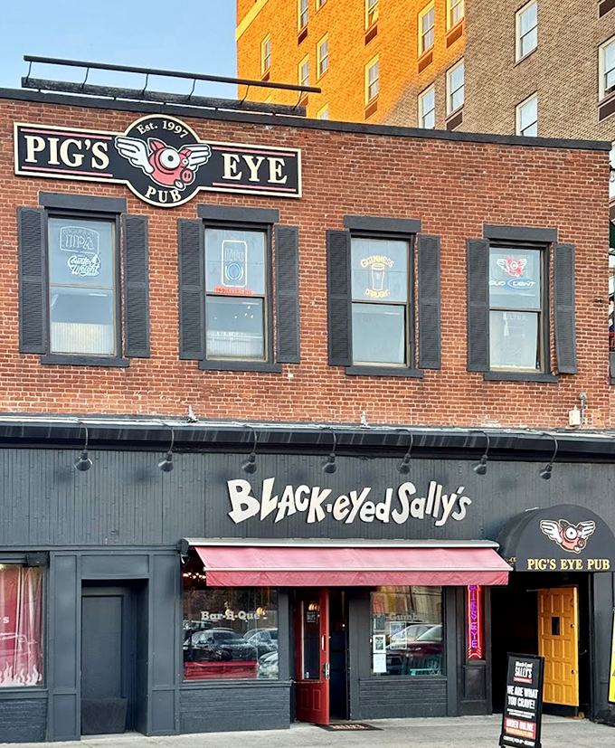 The iconic storefront, where Pig's Eye Pub meets Black-Eyed Sally's – a Hartford landmark that promises Southern hospitality in New England territory.