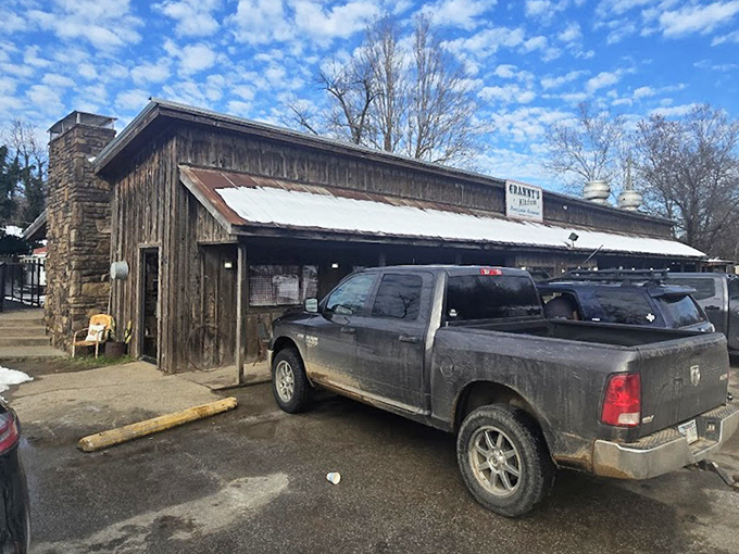 Even in winter, Granny's wooden exterior beckons hungry travelers with the promise of warmth, both from the hearth and the hospitality inside.