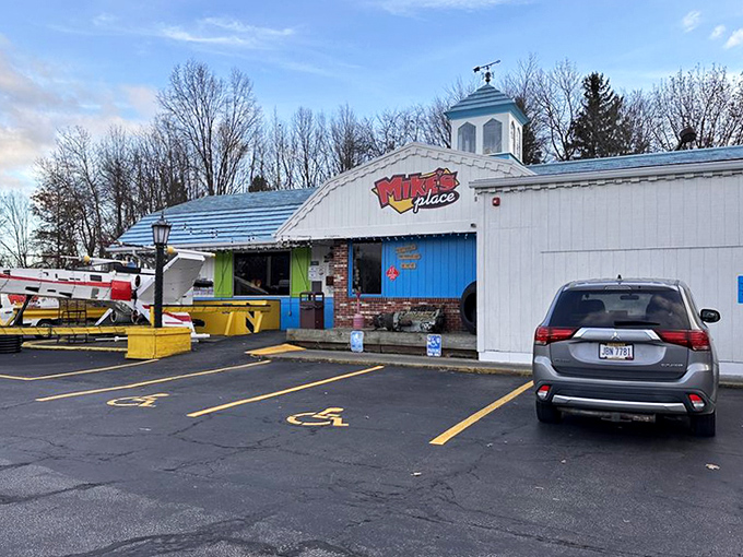 Even from the parking lot, Mike's Place announces itself as something special. That cupola on top? Just another unexpected touch of whimsy.