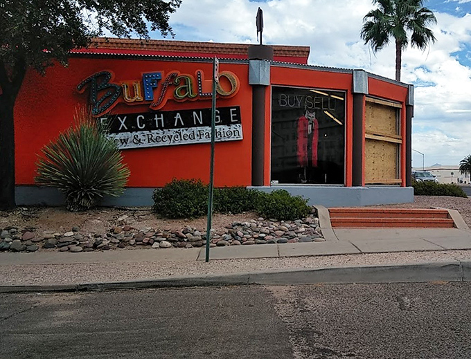 The vibrant orange exterior pops against Arizona's blue sky, as inviting as the treasures waiting inside this sustainable fashion paradise.