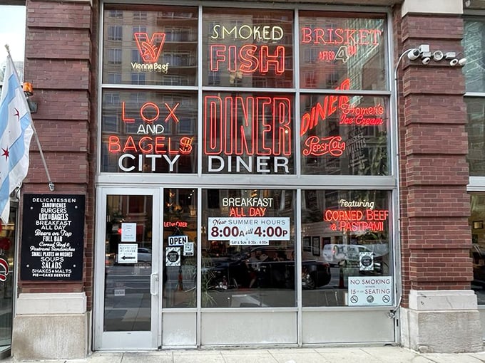 The exterior beckons with promises of "LOX AND BAGELS" and "BREAKFAST ALL DAY"&mdash;a sidewalk siren song no food lover can resist.