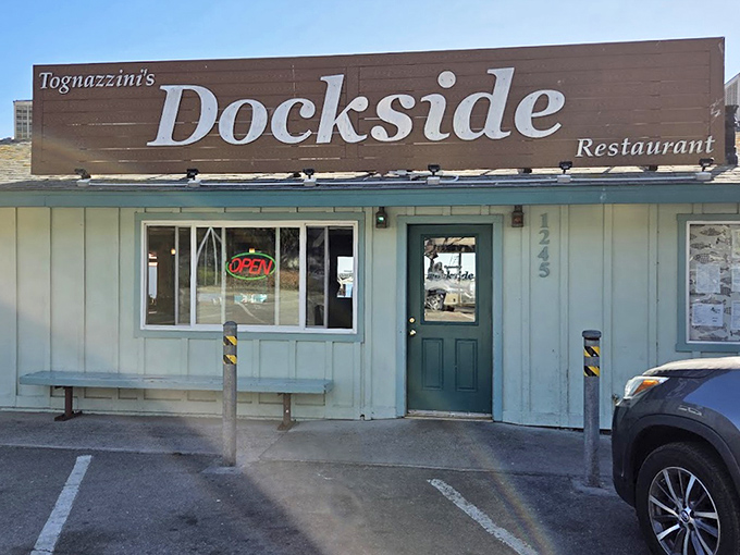 The unassuming exterior of Dockside Too &ndash; proof that the best seafood often comes from places that spend their money on quality ingredients, not fancy facades.