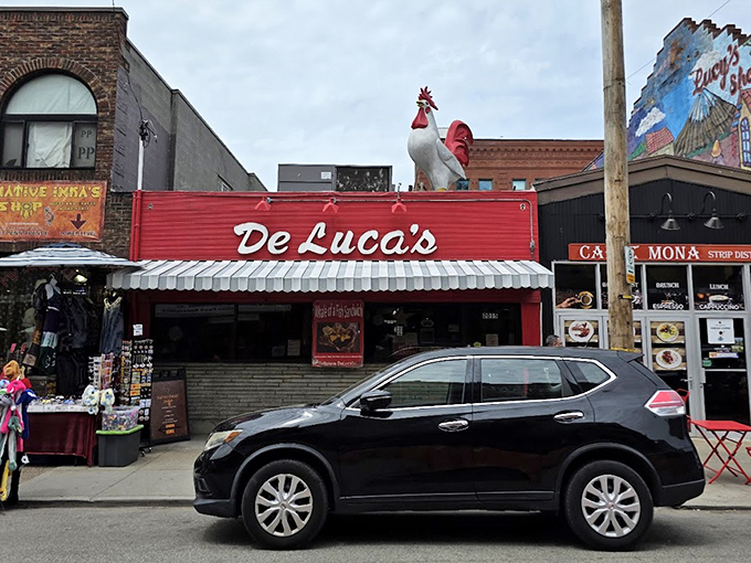 The Strip District wouldn't be complete without DeLuca's distinctive red awning and that watchful rooster standing sentinel.