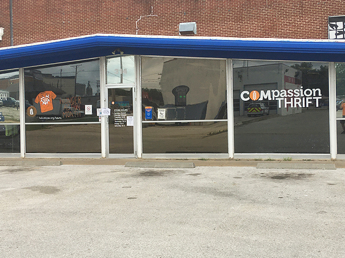 The storefront view that budget-conscious shoppers have come to recognize as their North Star. Compassion Thrift's modest exterior hides extraordinary treasures within.