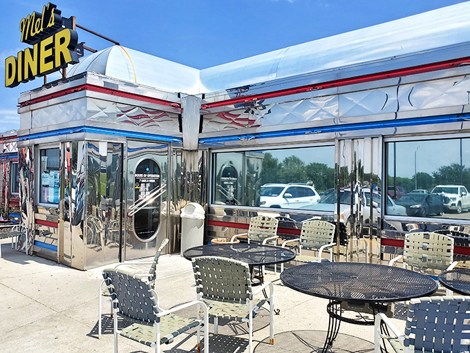 When Nebraska weather cooperates, outdoor seating at Mel's offers fresh air with your comfort food. The perfect spot for people-watching between bites of pie.