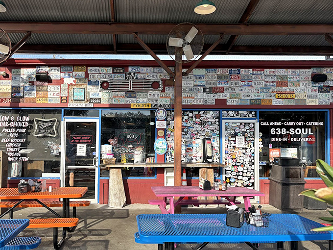 The outdoor dining area&mdash;where strangers become friends united by the universal language of "Did you try the brisket yet?"