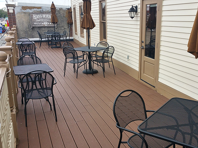 The outdoor dining deck offers a modern twist on historic dining&mdash;same legendary food, just with a side of fresh Kansas air.