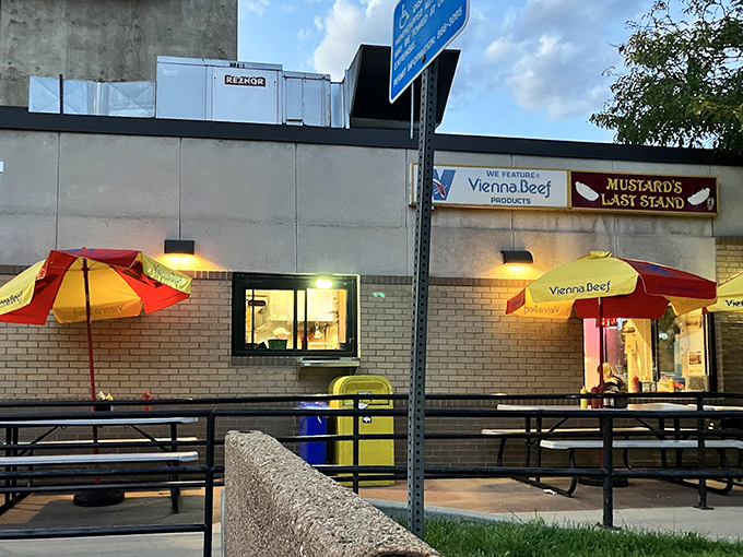 Outdoor seating under Vienna Beef umbrellas &ndash; because sometimes a hot dog tastes even better with a side of fresh Colorado air.