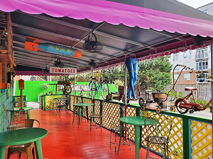 The outdoor patio features a bicycle suspended above diners &ndash; because gravity is just a suggestion at Baltimore's most imaginative eatery.