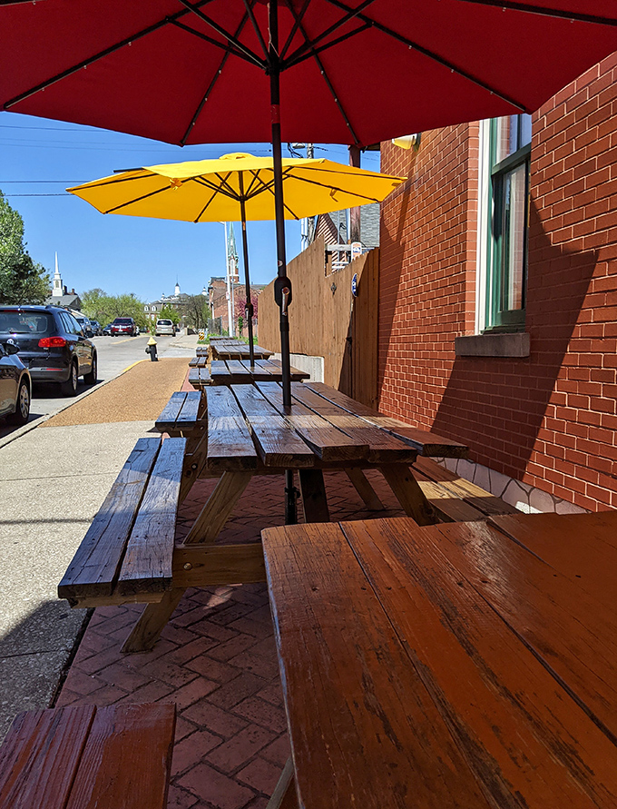 The outdoor picnic tables under cheerful umbrellas offer the perfect spot to tackle a rack of ribs while watching Soulard life unfold&mdash;just bring extra napkins.