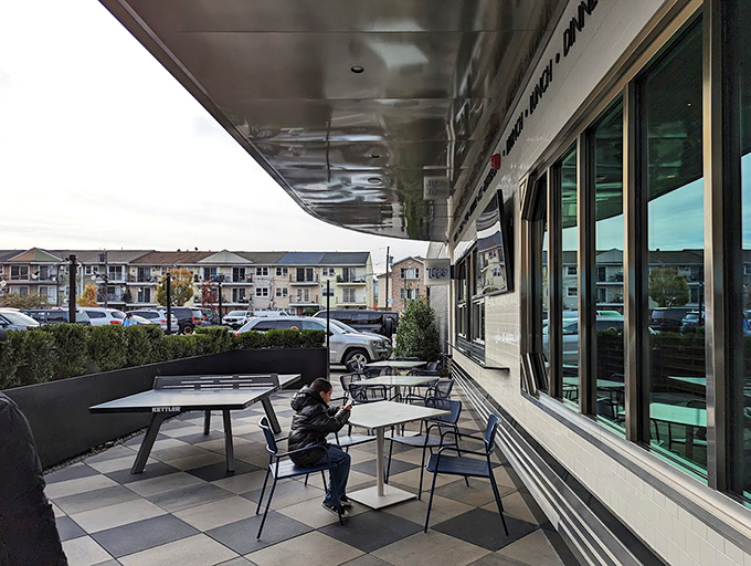 The outdoor dining space offers a front-row seat to New Jersey life passing by, while you remain blissfully stationary with fork in hand.