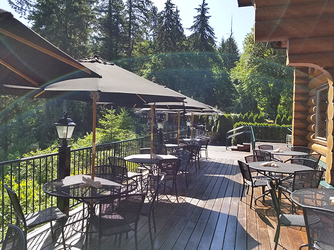 Outdoor dining that makes you wonder why we ever eat indoors. The deck offers forest views that no wallpaper could ever match.