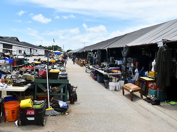 The outdoor vendor area: where serious tools meet serious deals. One person's "I don't need this anymore" becomes another's "I've been looking everywhere for this!"
