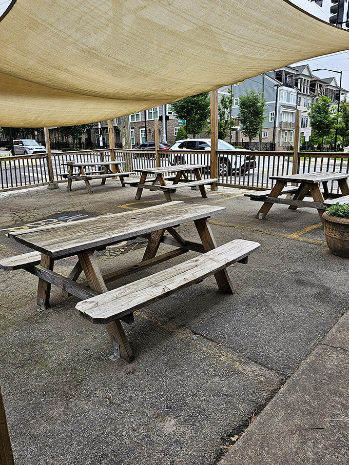 The shaded outdoor seating area offers a peaceful spot to savor your breakfast treasures on sunny Georgia mornings.