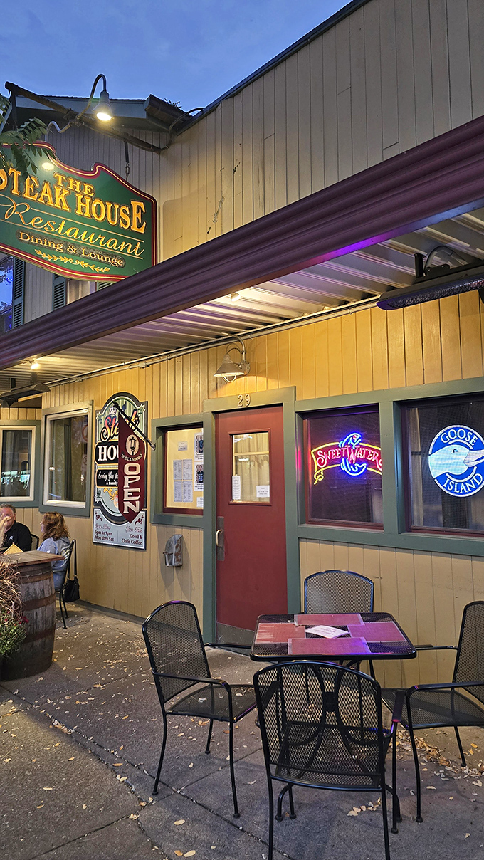 As evening falls, The Steak House's exterior takes on an inviting glow, like it's whispering, "Yes, you've found the right place for dinner tonight."