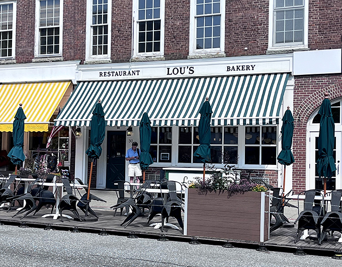 When New Hampshire weather cooperates, Lou's outdoor seating becomes the hottest real estate in Hanover. The green umbrellas provide shade for both your table and your hangover.