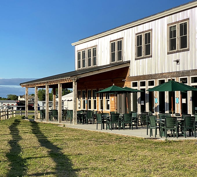 Morning sunshine casting long shadows across the outdoor seating area—nature's way of saying "this is where you should be having breakfast."