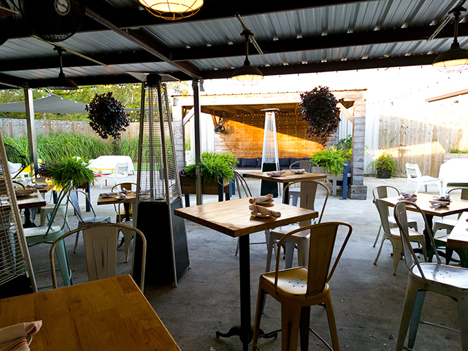 Outdoor seating with heat lamps means Louisiana's unpredictable weather can't stop your barbecue plans, rain or shine.