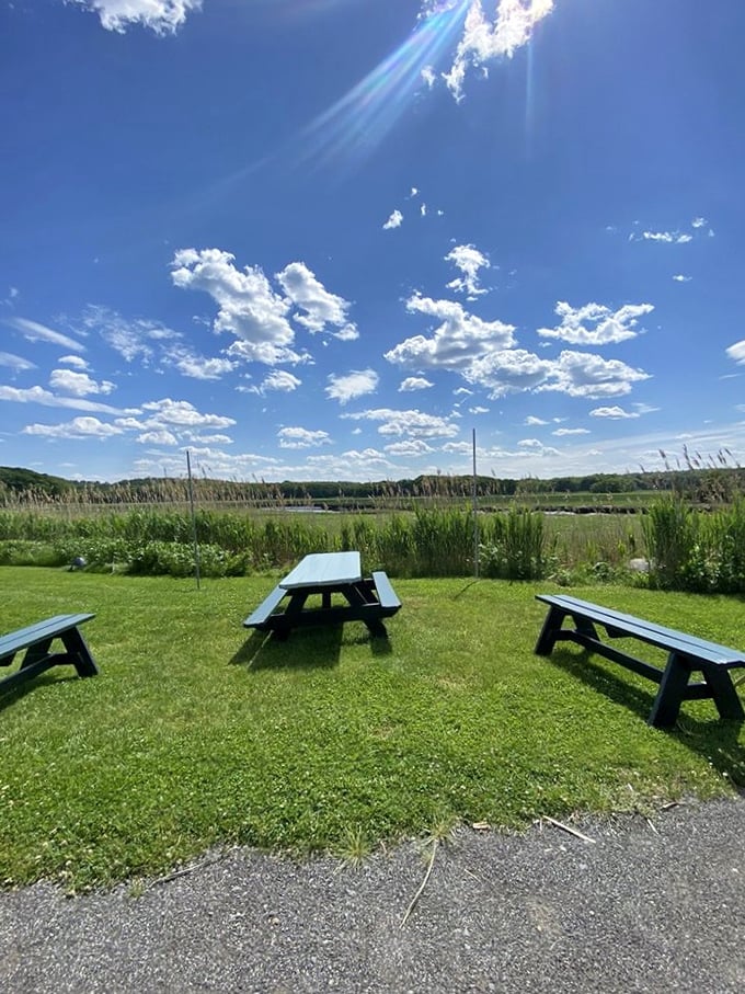 Picnic tables on the lawn with salt marsh views create the perfect setting for devouring fried seafood under endless blue skies.