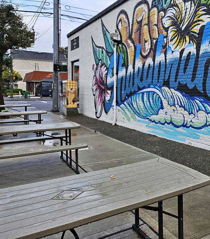 The colorful mural and outdoor seating area capture Shakabrah's beachy, laid-back spirit&mdash;a slice of surf culture in the Pacific Northwest.