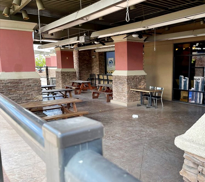 The outdoor seating area – where desert breezes meet Chesapeake Bay flavors in an unlikely but delicious cultural exchange program.