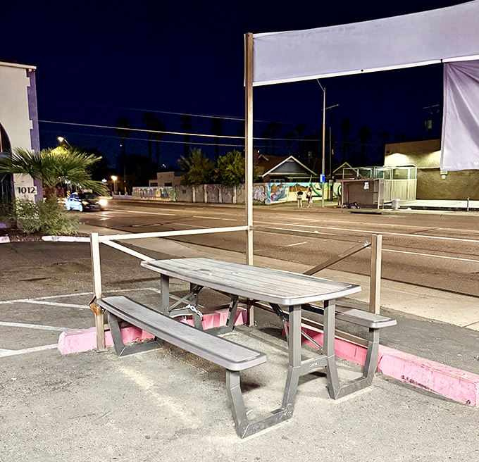Outdoor seating where the latticed shade creates the perfect atmosphere for demolishing enchiladas in peace.
