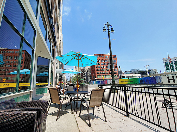 The outdoor seating offers Detroit's urban landscape as a side dish to your brunch experience.