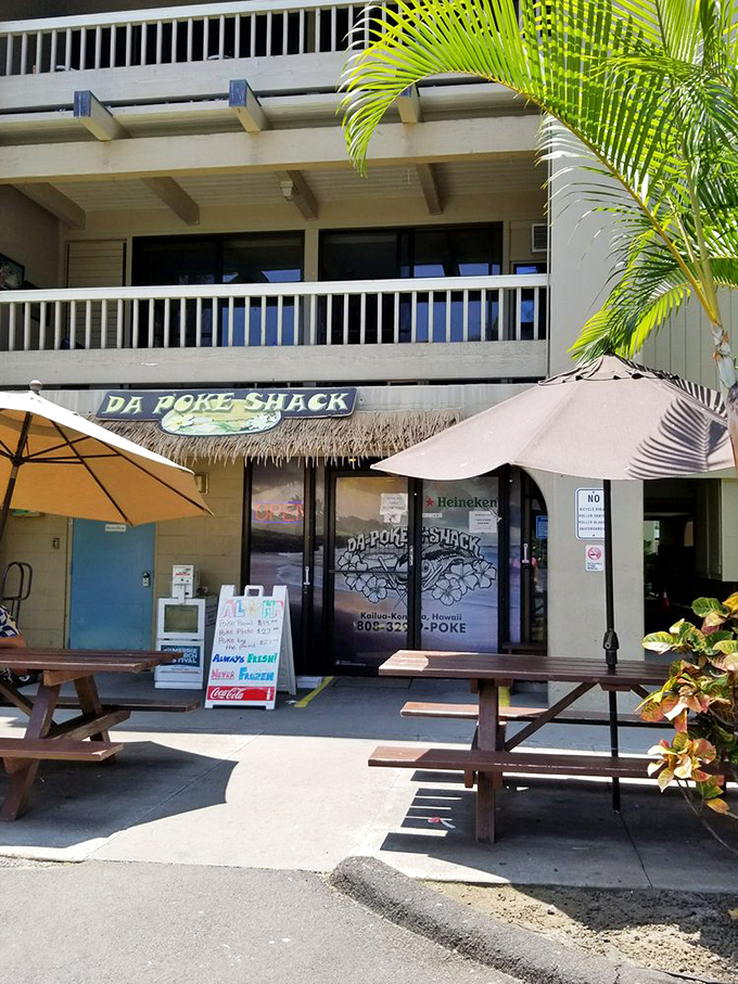 Outdoor seating under Hawaii's blue skies&mdash;nature's dining room where every table has a view of paradise and poke perfection.