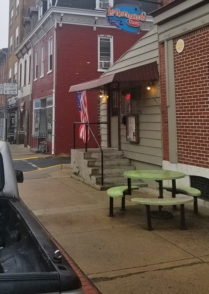 The outdoor seating might be simple, but on a perfect Pennsylvania morning, that green table becomes the best spot in Kutztown to savor your breakfast.