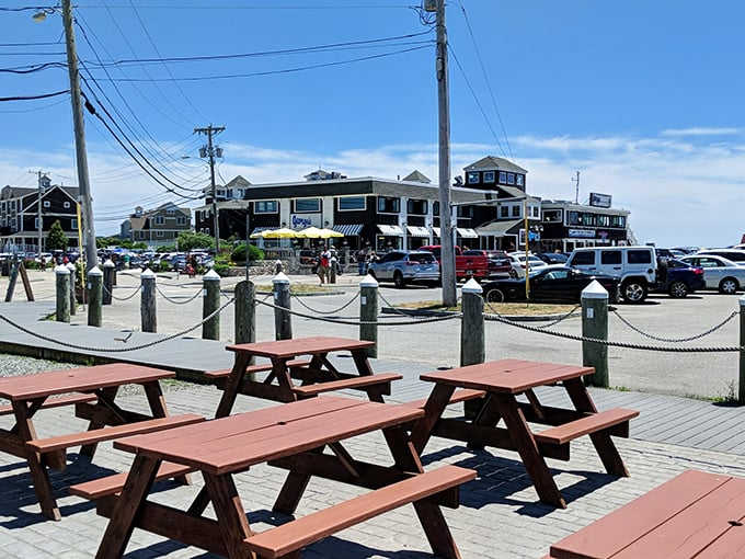 Picnic tables with a side of salt air—the original seasoning that makes everything taste better at Champlin's.