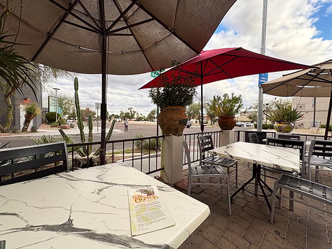 The patio at Los Olivos: where desert breezes, umbrella shade, and the anticipation of green corn tamales create the perfect Arizona moment.